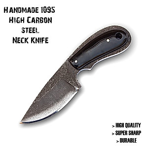 TH knives Handmade1095 High Carbon Steel Neck knife, Vintage Fixed Blade Hunting knife, Full Tang Blade Pocket knife with Black Resin Handle, Utility knife, Leather sheath Included (1095 Steel Black Resin)