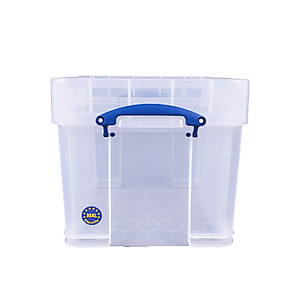 Really Useful Box 35 Liters Transparent Storage Container with Snap Lid and Clip Lock Handle for Lidded Home and Item Storage Bin