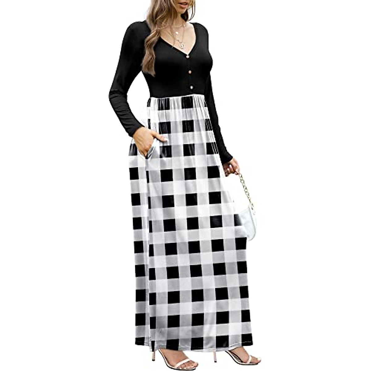 GRECERELLE Women's Long Sleeve Casual V Neck Plain Floral Print Maxi Dresses with Pockets Long Dress