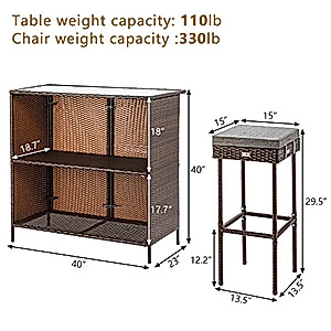 Bonnlo 3PCS Wicker Patio Bar Set with Stools and Glass Top Table Outdoor Furniture Bar Set with Storage for Lawn Pool Backyard Garden, Front Porch(Grey)