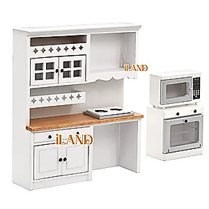 iLAND Dollhouse Kitchen, Modern Dollhouse Furniture Set on 1/12 Scale Wooden White to Store Miniature Food