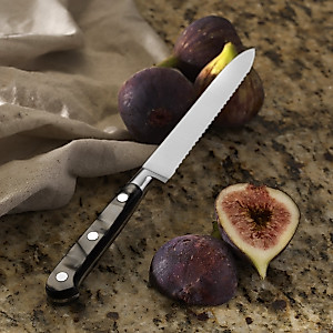 Sabatier Triple Rivet Stainless Steel Serrated Utility Knife with Mother of Pearl Inspired Handl, 5-Inch, Silver Gray