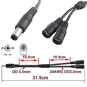 UpperFu DC Power Y Splitter Cable, 2 Pcs 5.5mm x 2.5mm 1 Male to 2 Female DC Power Extension Adapter Cable for CCTV Surveillance Cameras Surveillance Routers DVR Led Light Strips