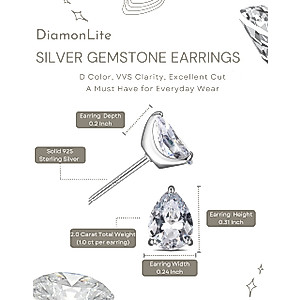 DiamonLite 2 Ct Teardrop CZ 925 Sterling Silver Studs Earrings for Women and Men - Pear Cubic Zirconia Earrings Studs, 925 Silver Cubic Zirconia Earrings, Silver Studs Earrings for Women and Men