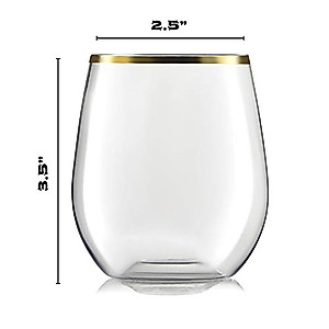 32 Pack Stemless Plastic Wine Glasses Disposable 12 Oz Gold Rim - Shatterproof Recyclable and BPA-Free, Stylish Drinkware for all Beverages, Cocktail Parties, Wedding Reception and Catered Events
