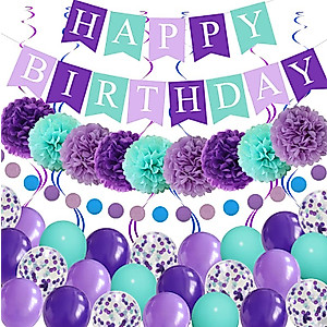Mermaid Birthday Party Decorations for Girls Women, Happy Birthday Banner Purple Mint Green Confetti Balloons Dots Garland PomPoms Swirls for Birthday Party Baby Shower Graduation Decorations