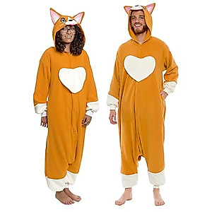 Silver Lilly Unisex Adult Pajamas - Plush One Piece Cosplay Corgi Animal Costume (L) Brown