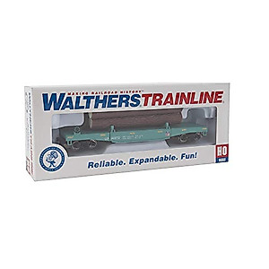 Walthers Trainline HO Scale Model Log Dump Car with 3 Logs - Union Pacific #14972 (Mow Scheme, Green, Yellow Conspicuity Marks)