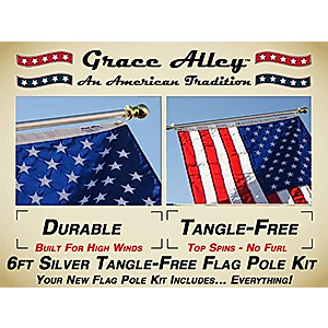 Flag Pole Kit 6 Ft Flagpole with Embroidered American Flag by Grace Alley - Embroidered Stars and Stitched Stripes, Brushed Silver Aluminum Rust Free & Tangle Free Wind Resistant Pole and Multi-Position White Bracket for Residential or Commercial Use