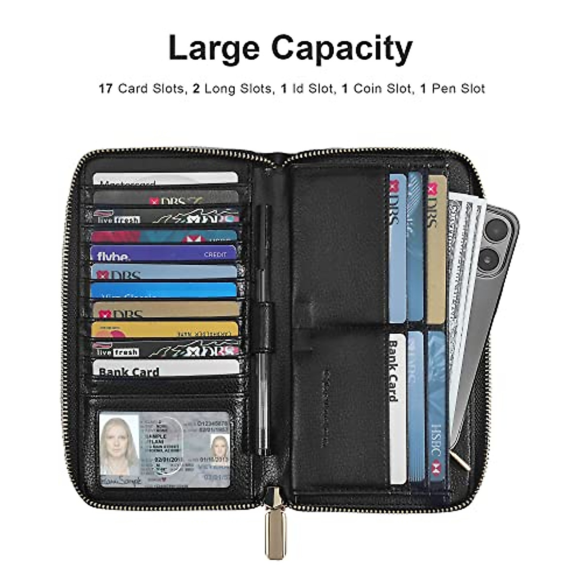 Chelmon Womens Wallet Large Capacity Zip Holder Clutch Bifold Wrist Strap Long Purse Black