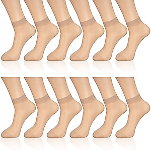 Geyoga 12 Pairs Sheer Ankle Socks Thin Nylon Transparent Ankle High Hosiery Socks Short Dress Stockings for Women and Girls (Nude Color,Medium)