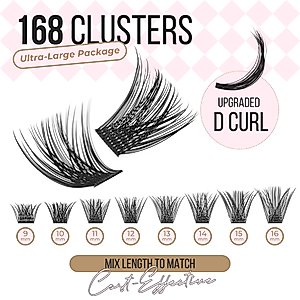 LASHVIEW Lash-Extension-Clusters 448pcs D Curl Lash Clusters Natural Look Cluster Lashes Extensions Super Thin Band & Soft Lashes Reusable 9-16mm MIX (56D+30D+40D)