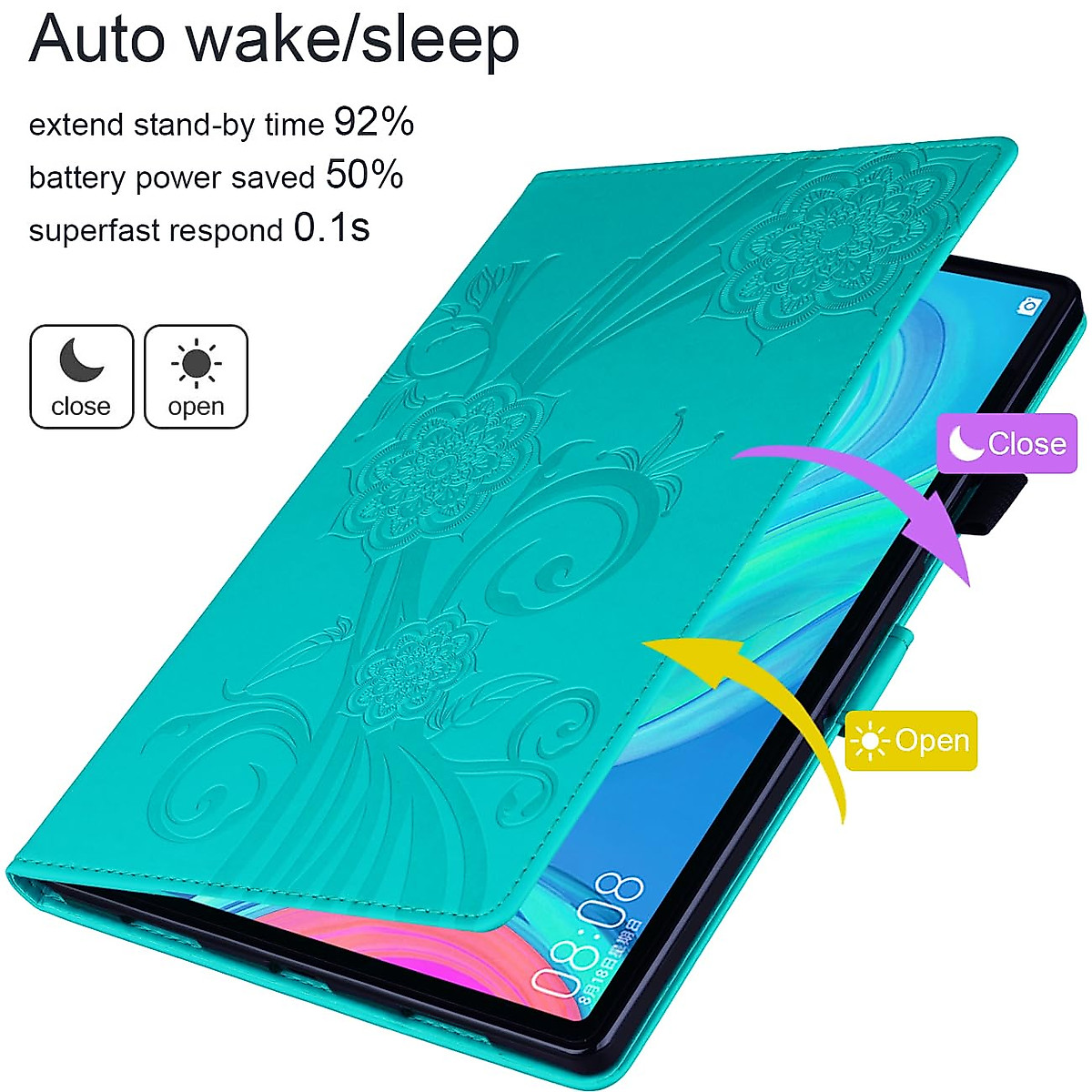Kitzomi Case for Samsung Galaxy Tab A8 10.5 inch 2022,Premium PU Leather Embossed Mandara Folio Stand with Auto Wake/Sleep&Card Holder Cover for Tab A8 SM-X200/X205/X207 Tablet,Turquoise