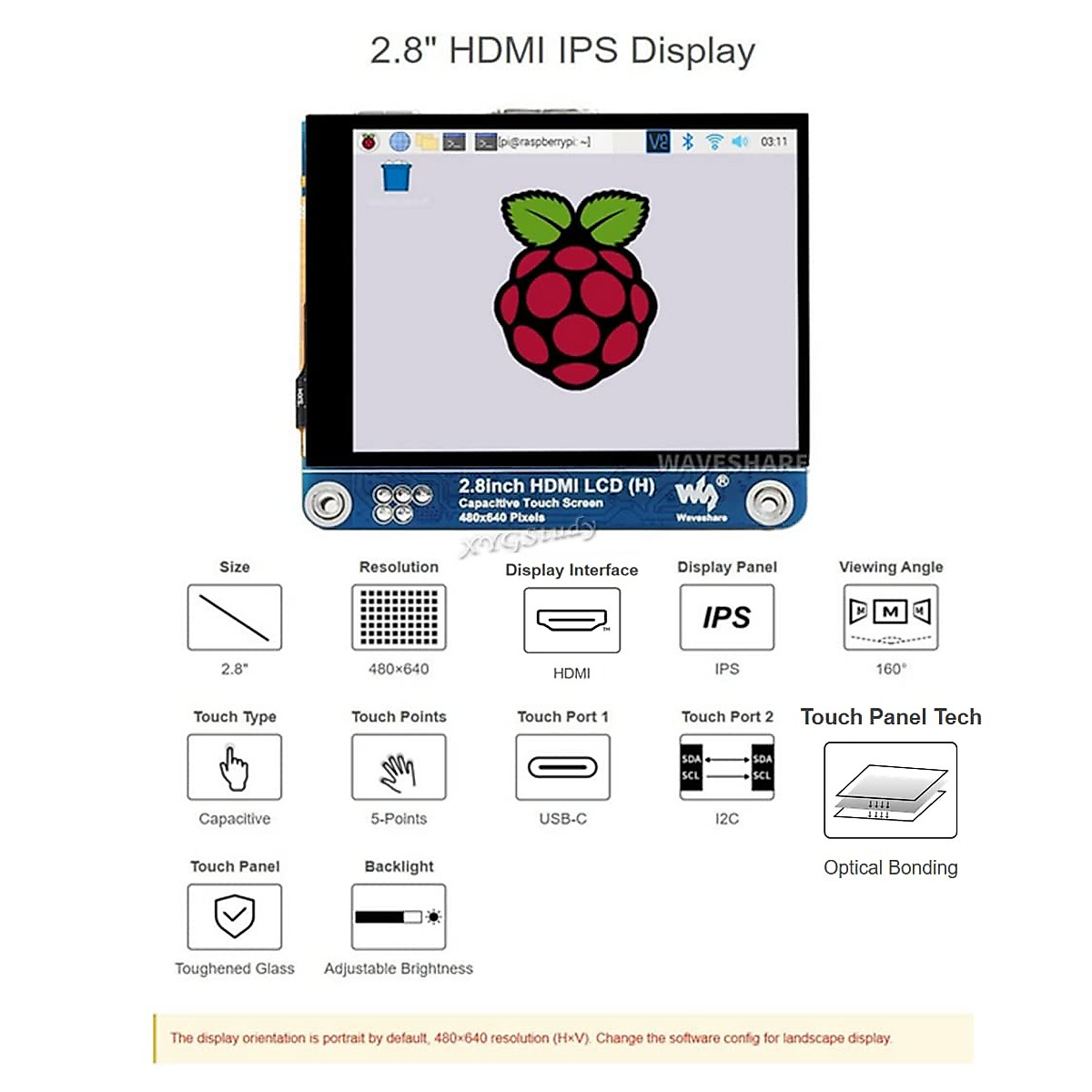 2.8inch HDMI IPS Capacitive LCD Display (H) Resolution 480×640 Adjustable Brightness Fully Laminated Screen Monitor Supports Raspberry Pi 5 4 3 B B+ and AI PC Windows 11/10 / 8.1/8 / 7 @XYGStudy