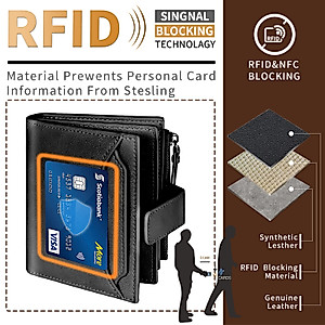 Credit Card Bifold Leather Wallet-With Front Pocket Id Window Men Women Mens Womens Ladies Woman Small Coin Pocket Rfid Blocking Black Multi Id Card Zipper Holder Wallets Female Teen Girl Coin Purse