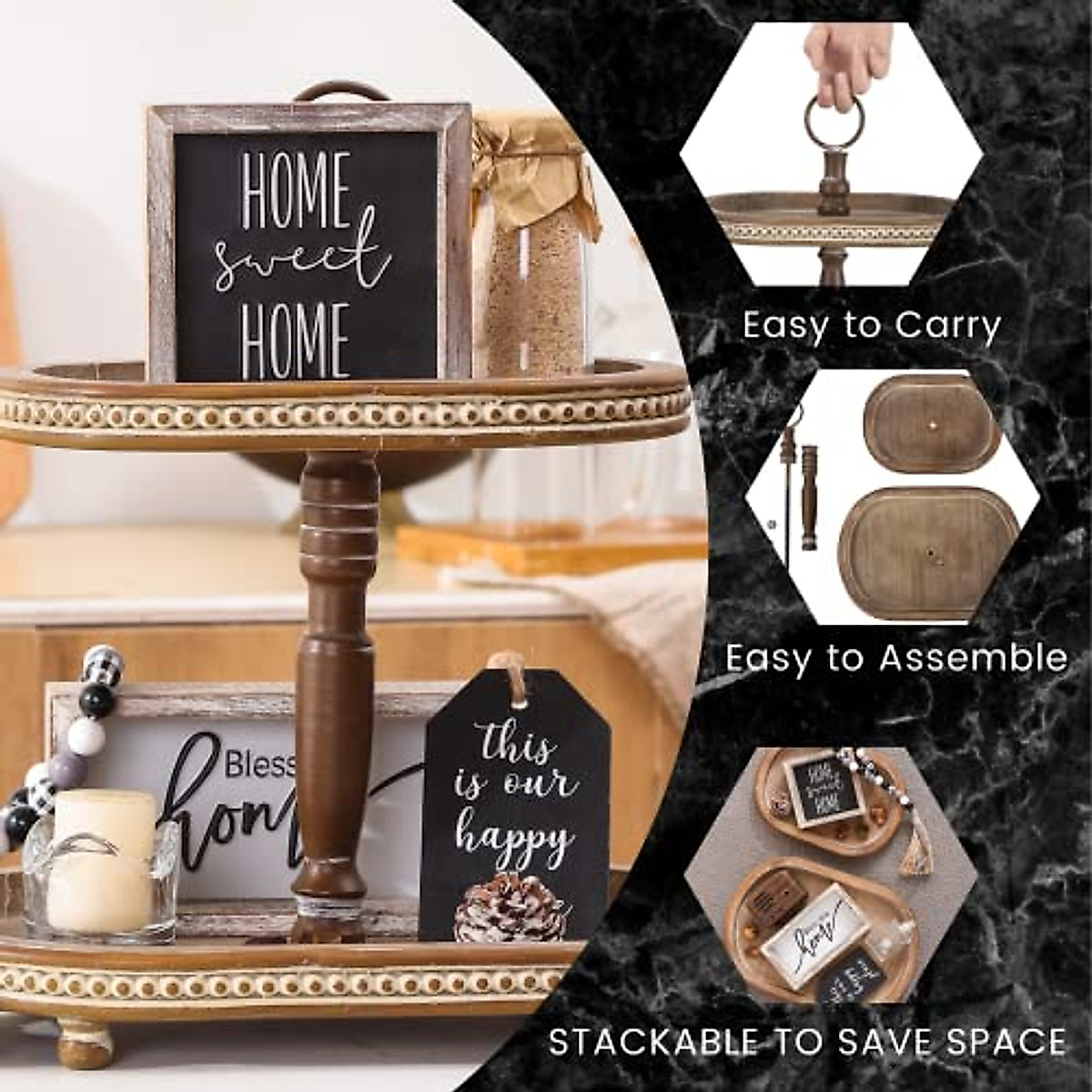 FESTWIND Oval Tiered Tray, Beaded Rustic Tiered Tray, Two Tiered Tray Stand for Kitchen Counter, Farmhouse Decorative Trays for Home Decor Distressed Brown