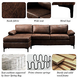 HOOOWOOO 97.6" Sectional Couch Sofa Modern L Shape Modular Sectional Sofa with Reversible Chaise Pillow Arms Solid Wood Frame for Living Room Apartment,Chocolate Brown Faux Leather