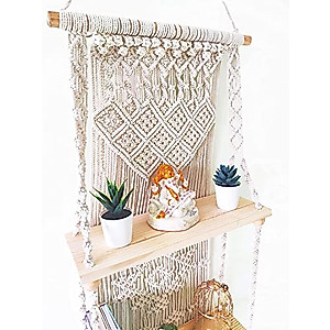 Induslyfe Tier 3 Tier 2 Macrame Wall Hanging Shelf Rack for Hanging Wall Decor Boho Shelf Wall Decor Plant Shelf, Boho White Hanging Shelf Woven Rope for Bedroom, Book