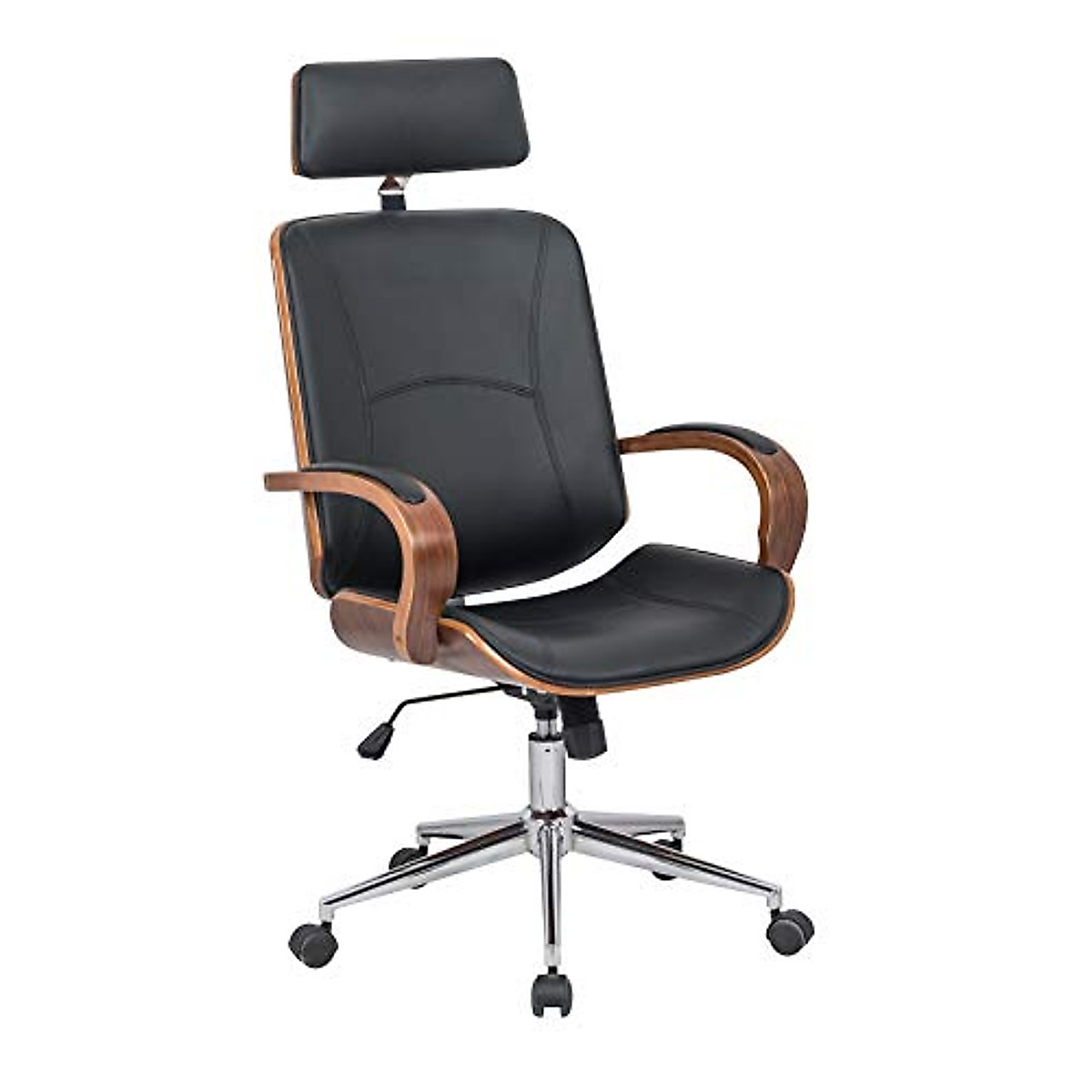 IDS Home Modern High Back Walnut Wood Office Chair with PU Leather Curved Ergonomic Bentwood Seat Swivel, Executive Wheels, Headrest Lumbar Support, Height Adjustment - Black