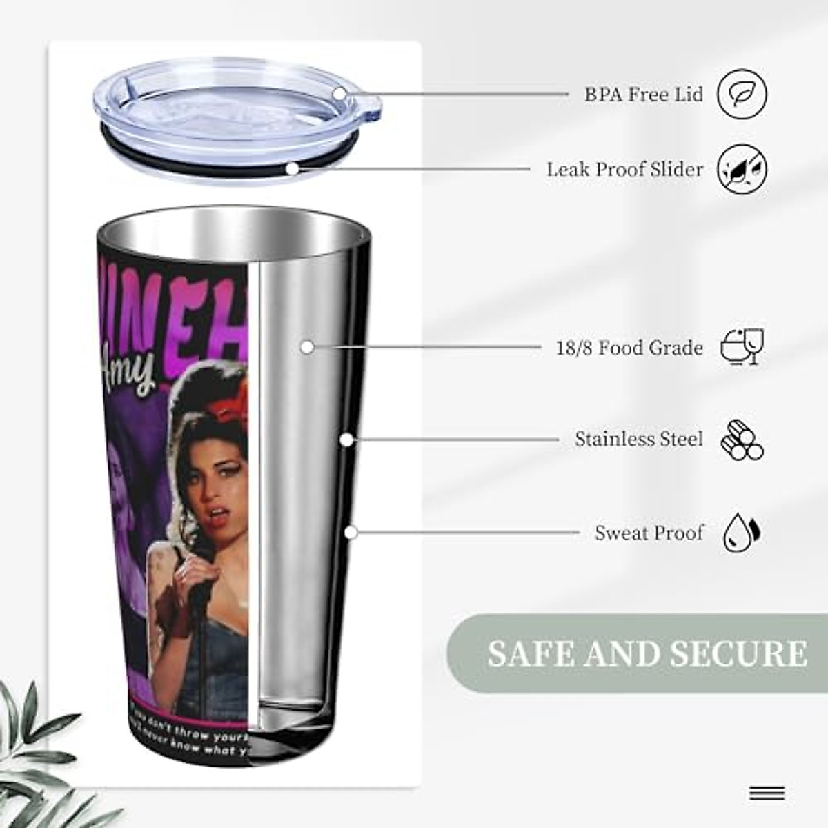 LAZHANG Amy Music Winehouse Stainless Steel Insulated Car Sippy Cup With Lid Travel Mug for Cold Hot 20 oz