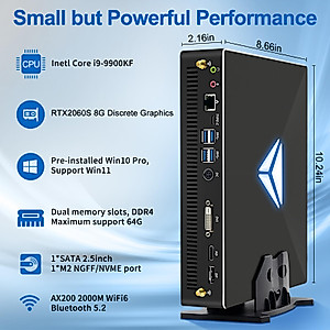 Thdeukoty Mini Desktop PC Computer i9-9900KF Windows 11 Pro, Gaming PC GeForce RTX2060S 8G, 64G DDR4 RAM 1T NVME SSD, 4K@144Hz HDMI/DP/DVI Triple Display, WiFi 6 Bluetooth 5.2 for Gaming/Design