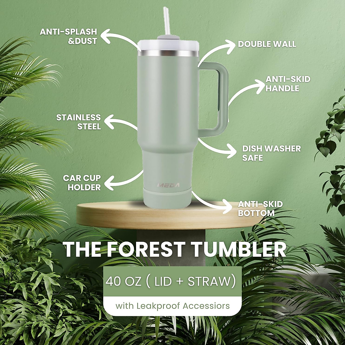 Tumbler with Lid & Straw 40oz | Leak Proof ,Insulated, Reusable Travel Coffee Mug Stainless Steel | Includes Tumbler Accessories Straw Cover + Silicone Boot for Water,Iced Tea, Easter Gift (Green)