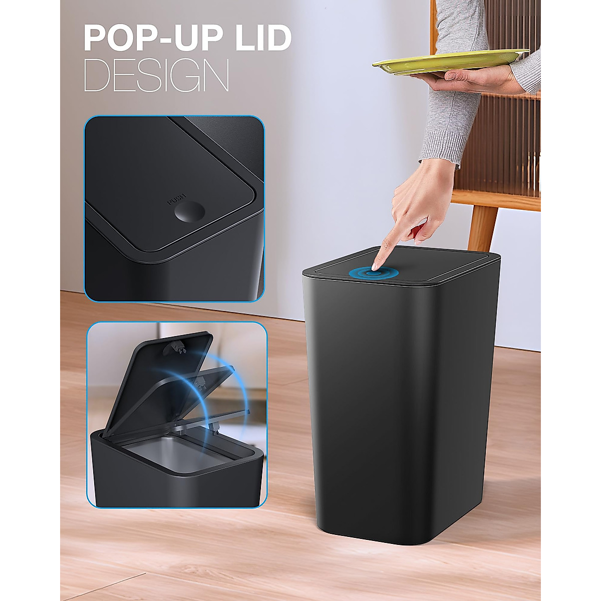 ITCPRL Bathroom Trash Can with Lid, 2 Pack 4 Gallons/15 Liters Garbage Can with Pop-Up Lid, Small Plastic Trash Can, Slim Trash Bin Waste Basket for Bathroom, Bedroom, Office, Living Room(Black)