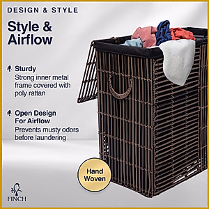 Finch Double Laundry Hamper with Lid & Handles, Foldable, 2 Divided Section (XXL) Clothes Hamper, Removable Washable Liner Bags, Steel Frame & Woven Poly Rattan, Sturdy Laundry Basket, Dark Brown