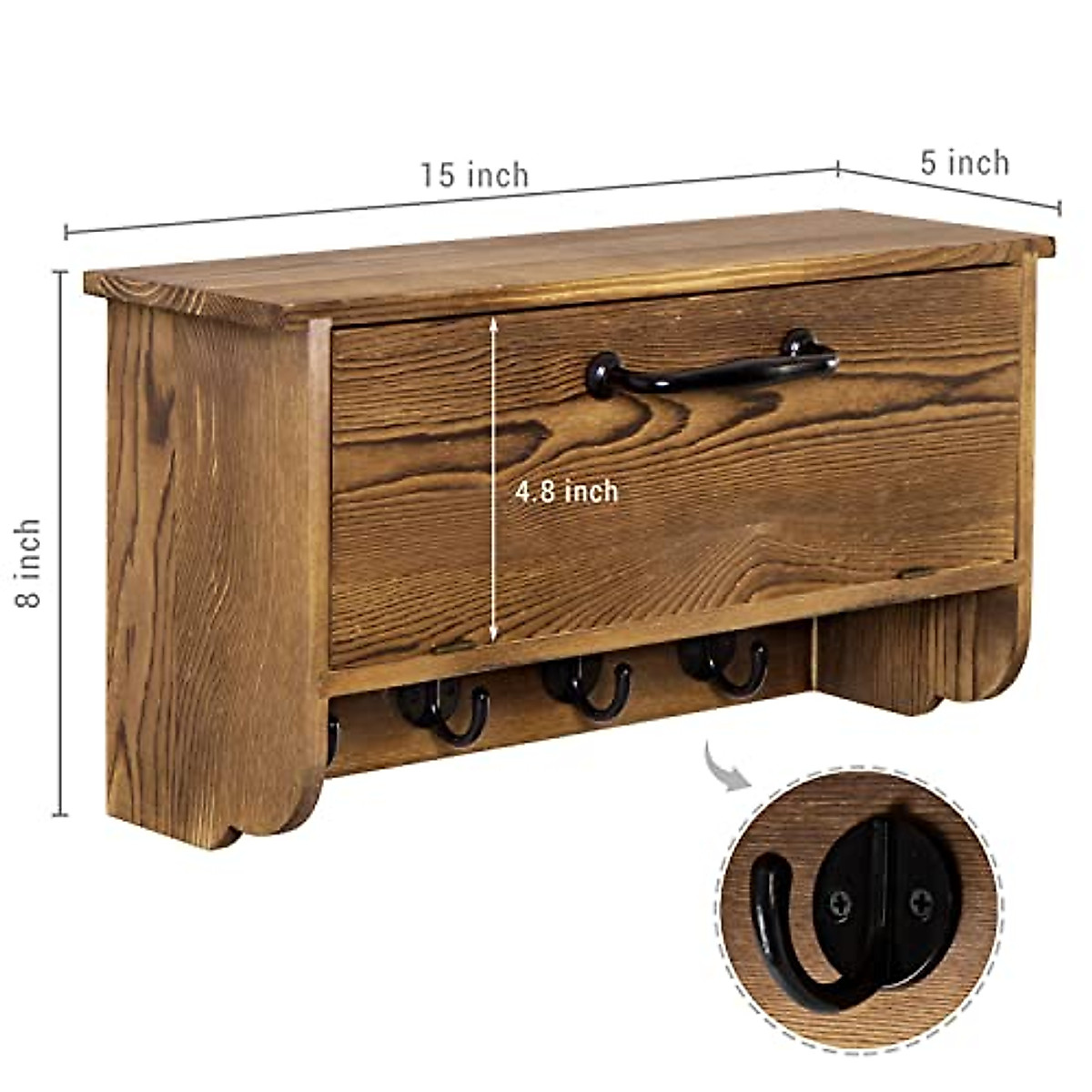 MyGift Wall Mounted Solid Burnt Wood Entryway Key Holder and Storage Cabinet Shelf Rack with Hinged Pull Down Door and 4 Hooks