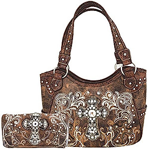 Western Style Rhinestone Cross Totes Purse Concealed Carry Handbags Women Country Shoulder Bag Wallet Set (Brown Set)