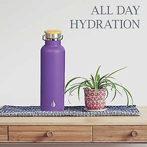 Elemental Classic Insulated Water Bottle, Leak Proof Thermos Water Bottle with Bamboo Lid and Metal Ring, Reusable Insulated Stainless Steel Water Bottle, 25oz - Purple