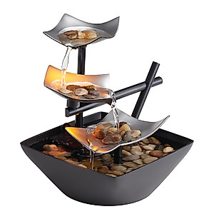 HoMedics Indoor 3-Tier Relaxation Tabletop Fountain, Automatic Pump with Power Switch, Extra Deep Basin with Natural River Rocks and Reflective Lighting Feature, EnviraScape Silver Springs