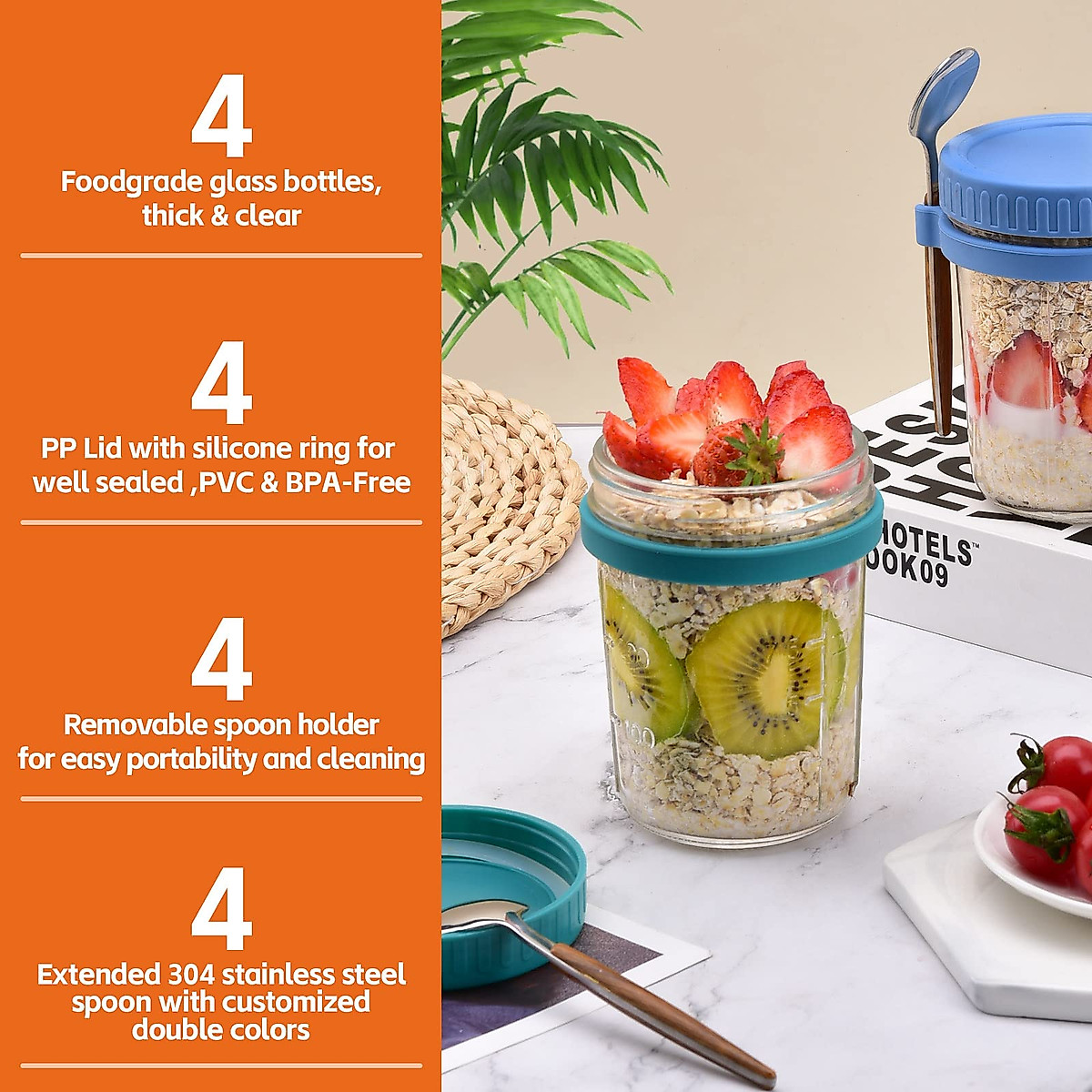 4 Pcs Portable Overnight Oats Containers with Lids and Spoons, 12 oz Mason Jars, Glass Jars with Measurement Marking, Reusable Yogurt Container for Cereal Fruit Salad
