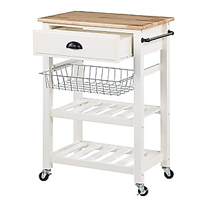OS Home and Office Furniture Model HMPNW-11 Hampton Kitchen Cart in White with Solid Rubberwood Top