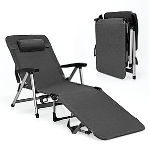 Tangkula Folding Chaise Lounge Chair, Adjustable 7-Position Recliner with Removable Headrest and Cup Holder, Holds 330LBS Weight Capacity, Portable Tri-fold Patio Lounger for Sunbathing (1, Grey)