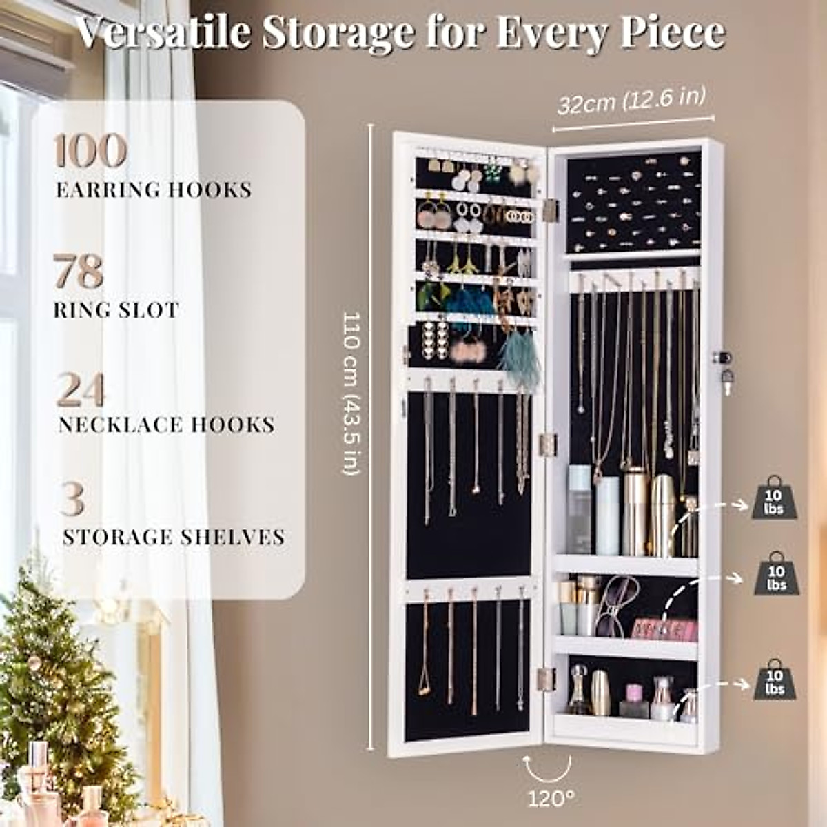 LUXFURNI Jewelry Cabinet, Wall-Mount/Door-Hanging Full Length Mirror With Storage, Lockable Armoire Organizer, Built-in Makeup Mirror, White