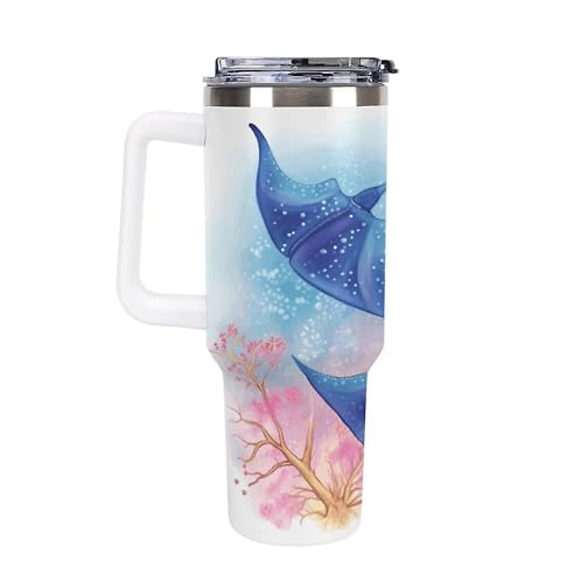 WYUSPGK 40oz Stainless Steel Car Mug, Sea Animals Stingrays Print Travel Mug, Double-Wall Insulated with Straw, Perfect for Car, Office, Outdoor