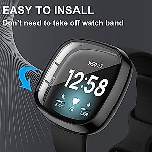 NANW Screen Protector Compatible with Fitbit Versa 3/Sense, Full Coverage Protective Bumpers with Tempered Glass, PC Sensitive Slim Touch Screen Covers for Versa 3 /Sense Smart Watch, Black