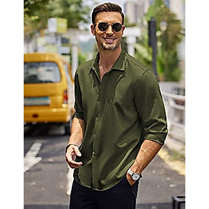 COOFANDY Men's Linen Shirt Long Sleeve Casual Button Up Shirt Beach Shirt for Men Summer Wedding Shirt Army Green