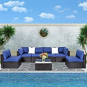 Kinfant Outdoor Patio Furniture Set Wicker Conversation Set - PE Rattan Sectional Sofa with Glass Table and Cushions for Garden Poolside Porch Balcony (Dark Blue)