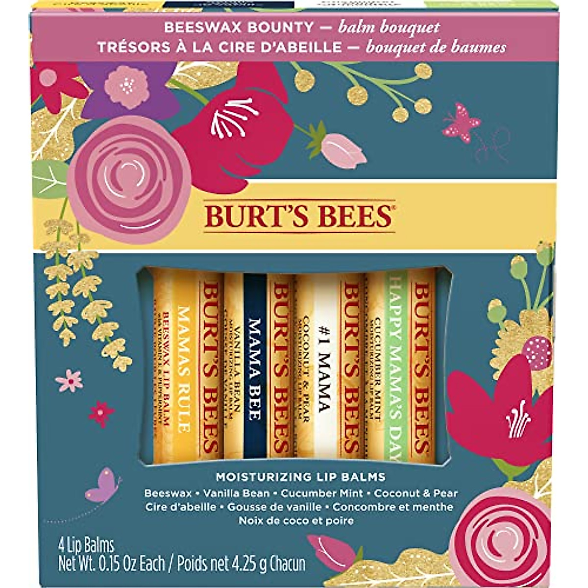Burt's Bees Gifts, 4 Lip Balm Products, Balm Bouquet Spring Set - Classic Beeswax, Vanilla Bean, Cucumber Mint & Coconut Pear (4 Pack)