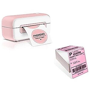 Phomemo Pink Label Printer, Thermal Label Printer for Shipping Packages, Shipping Label Printer with 4X6'' Direct Thermal Shipping Labels，500 Fan-Fold Labels