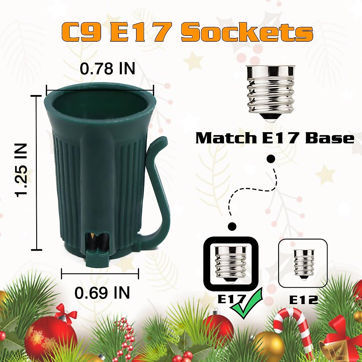Encoidoz 100FT C9 Light String Christmas Stringer, E17 Light Sockets 12" Spacing, C9 Stringer Set Green Outdoor String Light Strand for Wedding Patio Event Lighting Decor, Green Wire