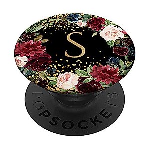 Initial Letter S Black Burgundy Red Floral Wreath Monogram PopSockets PopGrip: Swappable Grip for Phones & Tablets