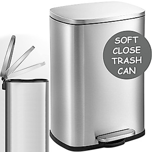 Homie 13 Gallon Kitchen Trash Can Soft Close with Anti - Bag Slip Liner and Lid, Use as Garbage Basket, Tall Dust Bin, or Decor in Bathroom, Restroom, Kitchen, or Bedroom (Brushed Stainless Steel)