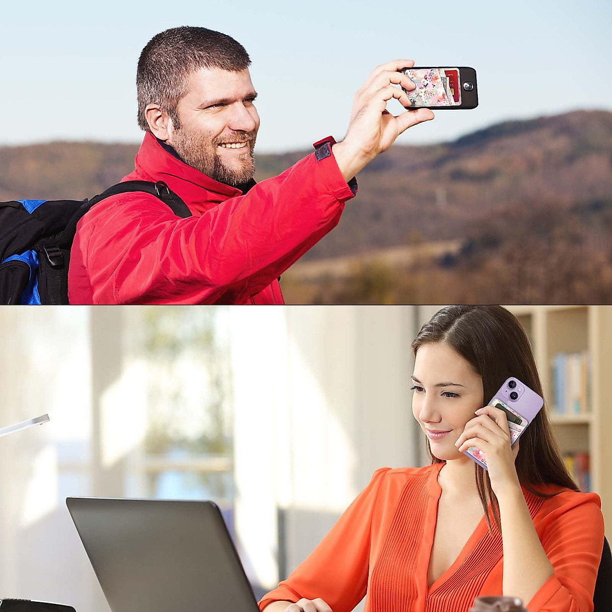 Leather Phone Card Holder Phone Wallet, Stick Back Phone Wallet Sticker Stylish Phone Case Credit Card Holder, Suitable for iPhone, Samsung, Android and Most Smart Phones.Pink Flowers