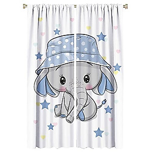 Denruny Cartoon Cute Elephant Curtain Nursery Baby Elephant with Blue Hat Windows Drapes for Nursery Room Kids Room Gifts for Boys and Girls Rod Pocket 2 Panels 63L x 21W
