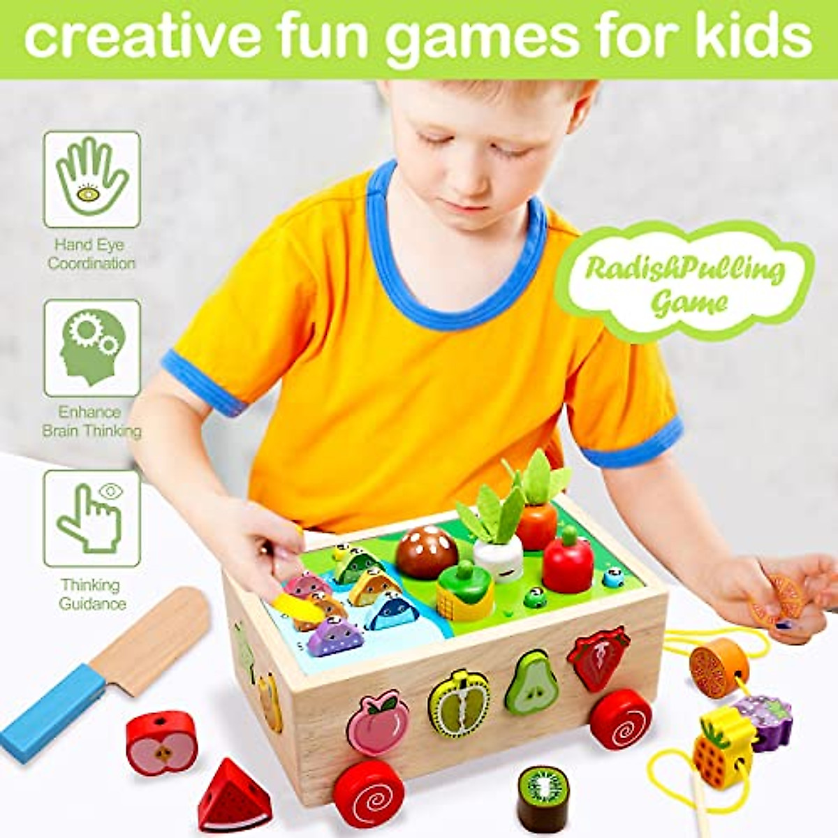 Tooysea Toddler Educational Toys | Montessori Multifunctional Toys for 2 3 4 Year Old Girls Boys, Wooden Shape Sorting Counting Puzzle Carrots Harvest Game, Preschool Learning Gifts for Kids