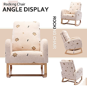 Pvillez Nursery Rocking Chairs, Upholstered Nursery Glider Rocker for Baby and Kids, Comfy Armchair with Side Pocket, Living Room Lounge Arm Chair Sofa Chair, High Backrest with Cute Pattern, Beige