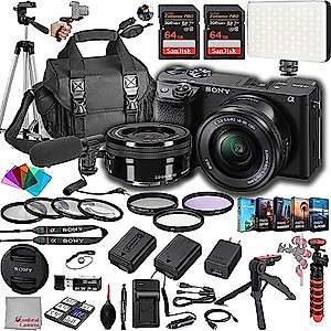 Sony a6400 Mirrorless Camera with 16-50mm Lens, 128GB Extreem Speed Memory,Microphone, 120LED Video Light, Tripod, Filters, Hood, Grip,Spare Battery & Charger, Editing Software Kit -Deluxe Bundle